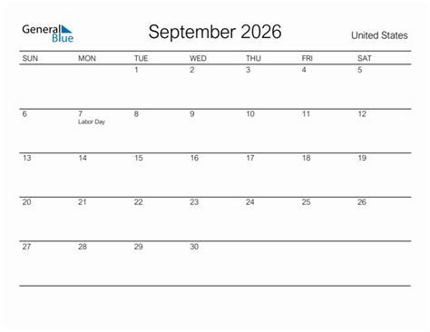 September 2026 Monthly Calendar With United States Holidays