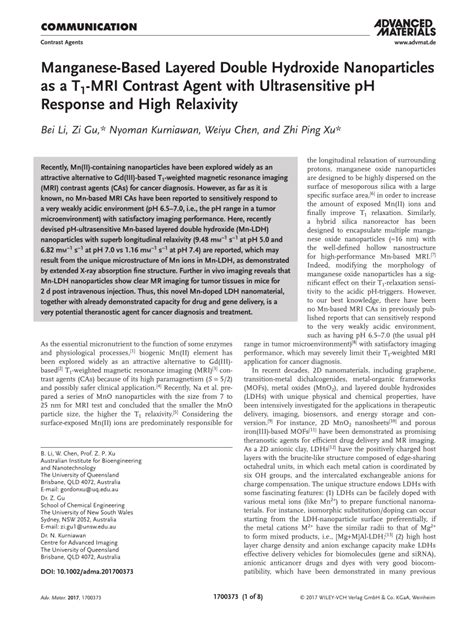 Pdf Manganese Based Layered Double Hydroxide Nanoparticles As A T1 Mri Contrast Agent With