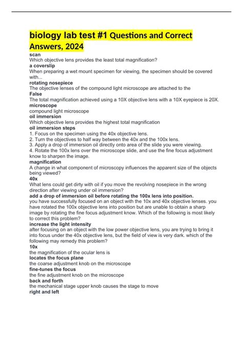 Biology Lab Test 1 Questions And Correct Answers 2024 Biod 151