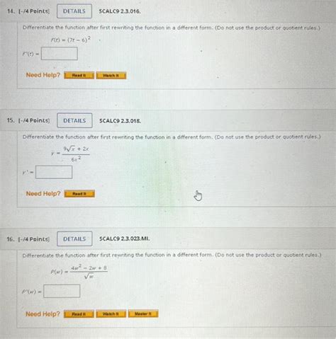 solved [ 4 points] scalc9 2 3 016 differentiate the
