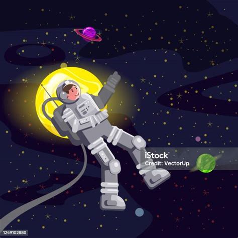 우주사람 로켓 Ufo 태양 별과 우주 카드 배경 오스트로넛 파노라마 공간 템플릿 배너 벡터 고립 된 만화 플랫 스타일 과학에 대한 스톡 벡터 아트 및 기타 이미지 Istock