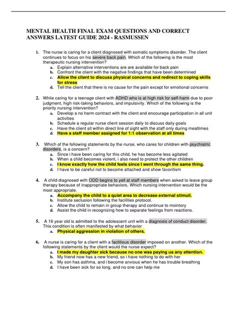 Rasmussen Mental Health Final Exam Questions And Correct Answers 2024