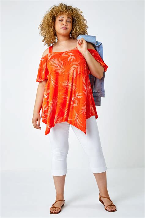 Orange Curve Leaf Print Cold Shoulder Top Roman Uk