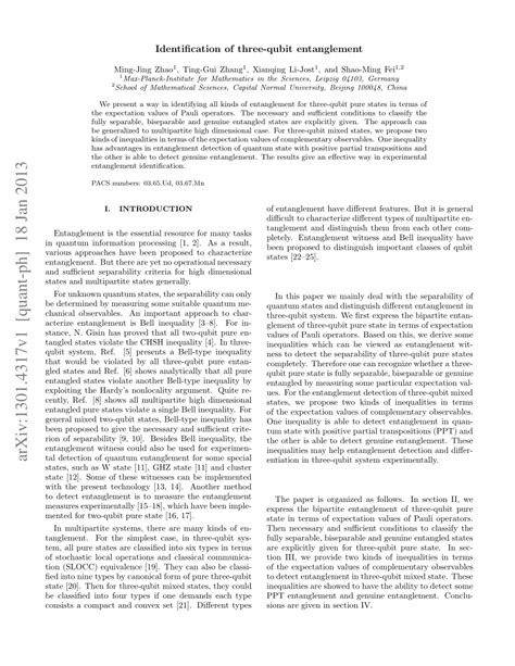 Pdf Identification Of Three Qubit Entanglement