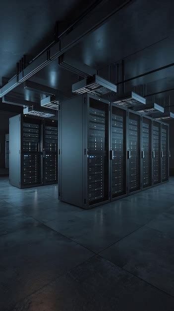 modern data technology center server racks in dark room with vfx
