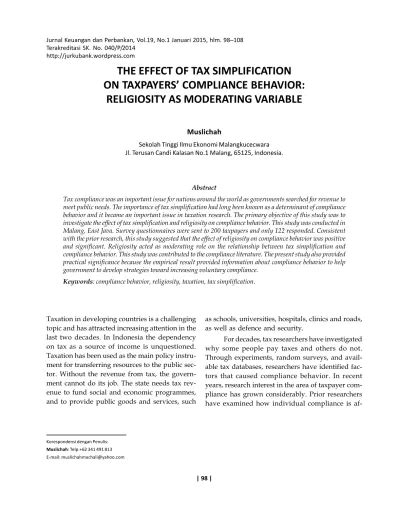 The Effect Of Tax Simplification On Taxpayers Compliance Behavior Religiosity As Moderating