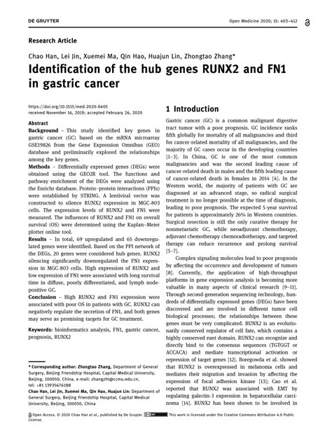 pdf identification of the hub genes runx2 and fn1 in gastric cancer