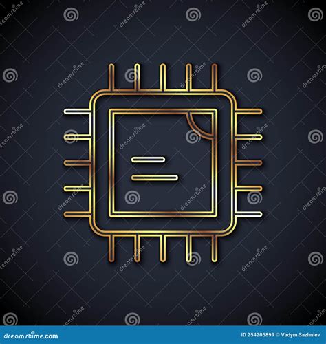 Gold Line Computer Processor With Microcircuits CPU Icon Isolated On Black Background Chip Or