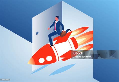 혁신적인 사고와 아이디어 비즈니스 솔루션에 대한 새로운 아이디어 목표 달성 또는 비즈니스 성장 개발을 위한 새로운 프로젝트 시작 열린 문을 통해 빠르게 날아다니는 로켓에