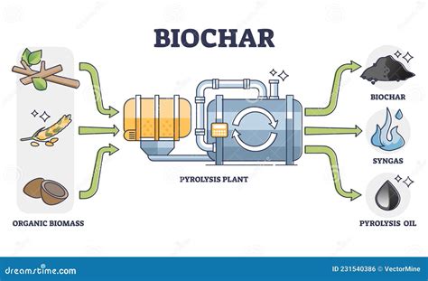 Biochar Syngas And Oil Production By Pyrolysis Plant From Organic Biomass Stock Vector
