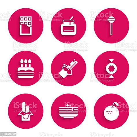 물린 초콜릿 바 팬케이크 더미 사과 사탕 초콜릿 불타는 촛불이 있는 케이크 롤리팝 및 아이콘을 설정합니다 벡터 건강한 생활방식에 대한 스톡 벡터 아트 및 기타 이미지