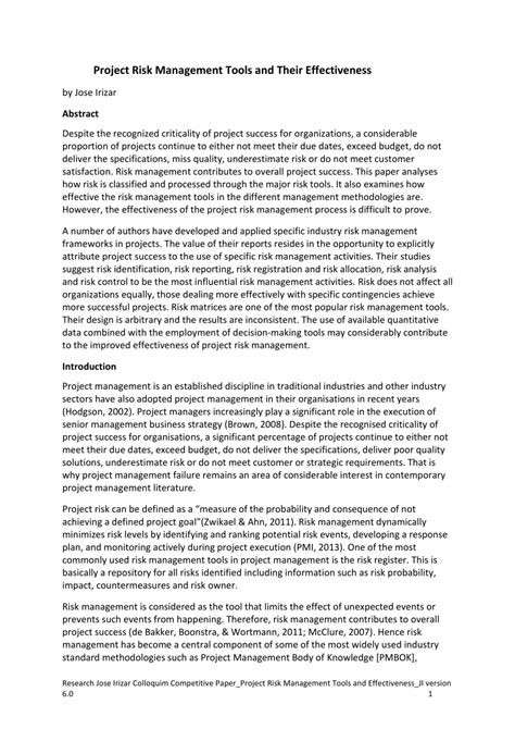 Pdf Project Risk Management Tools And Their Effectiveness