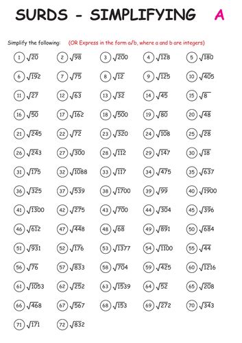 Surds Set A Simplifying With Some Scaffolding 72 Questions Over 6 Worksheets Answers