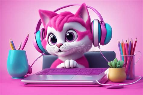 Cute Cat In A Blue Oficce Works At A Computer With Glasses And Headphones Stock Illustration