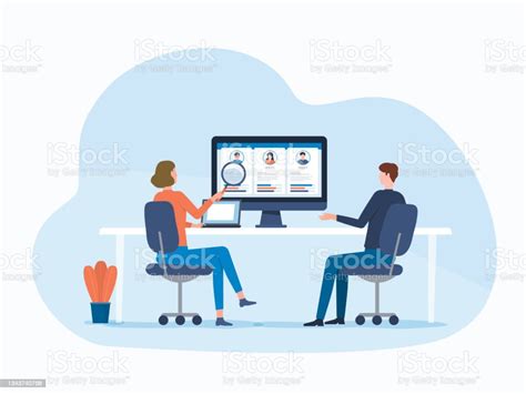 비즈니스 피플 팀 미팅 및 연구 재개 프로필 면접 및 채용 플랫 벡터 일러스트레이션 만화 캐릭터 디자인 컨셉 화상 통화에 대한