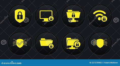 Set Cyber Security Wifi Locked Folder And Ftp Folder And Lock On Monitor Icon Vector Stock