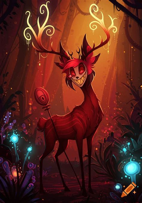 Stylized Character Alastor As A Red Deer In A Forest With Glowing Flora