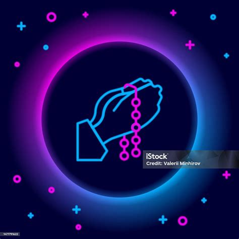 빛나는 네온 라인 검은 배경에 격리된 묵주 아이콘이 있는 기도 위치에 있는 손 기도하는 손 이슬람 이슬람 종교 영성 종교 다채로운 개요 개념입니다 벡터 공휴일에 대한 스톡