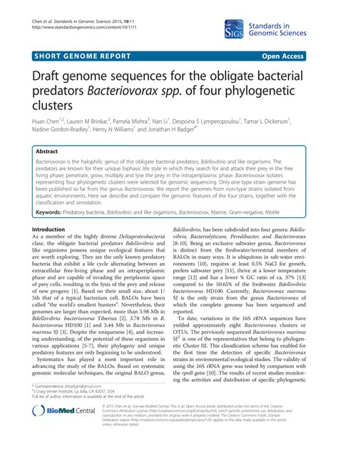 Pdf Draft Genome Sequences For The Obligate Bacterial Predators Bacteriovorax Spp Of Four