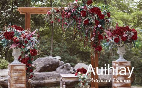 Auihiay 104 Pcs Burgundy Hydrangea Artificial Flowers Silk