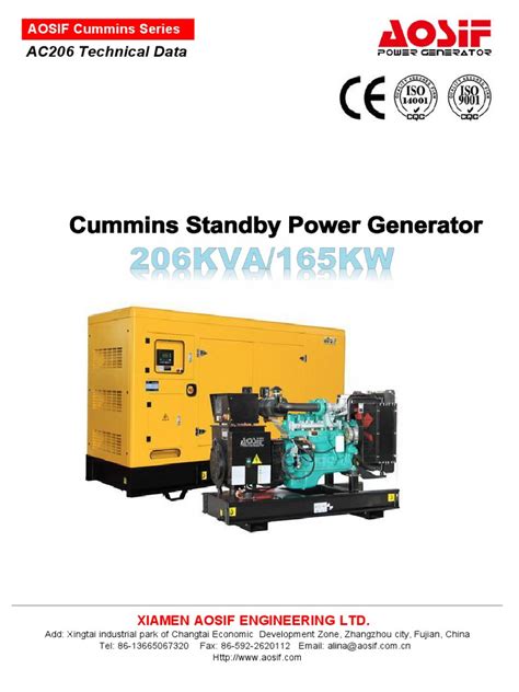 Specification 206kva Cummins Gensets4896548274189506958 Pdf Turbocharger Electric Generator