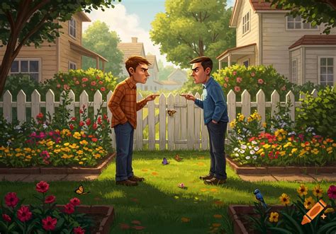 Cartoon Illustration Of Two Angry Neighbors Arguing Across A White