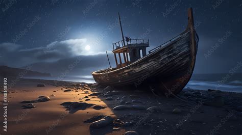Abandoned Sunken Ship On The Beach Under Starry Night Sky Shrouded In Fog Stock Illustration