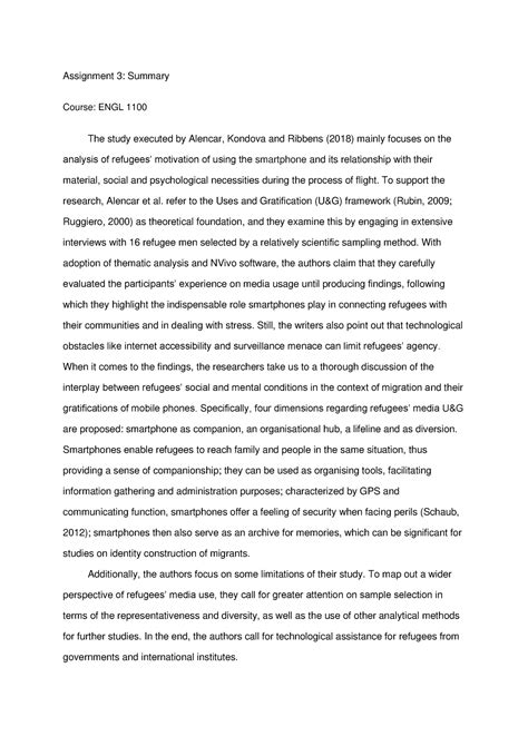 ENGL Summary Assignment Assignment Summary Course ENGL