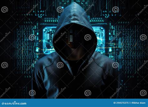 Hooded Hacker In Front Of A Circuit Board With Technology Concept