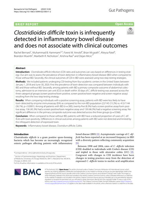 Pdf Clostridioides Difficile Toxin Is Infrequently Detected In Inflammatory Bowel Disease And