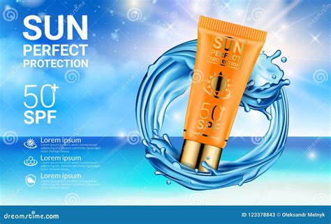 Realistic Sunscreen Cosmetics In Orange Plastic Packaging On Sea Wave