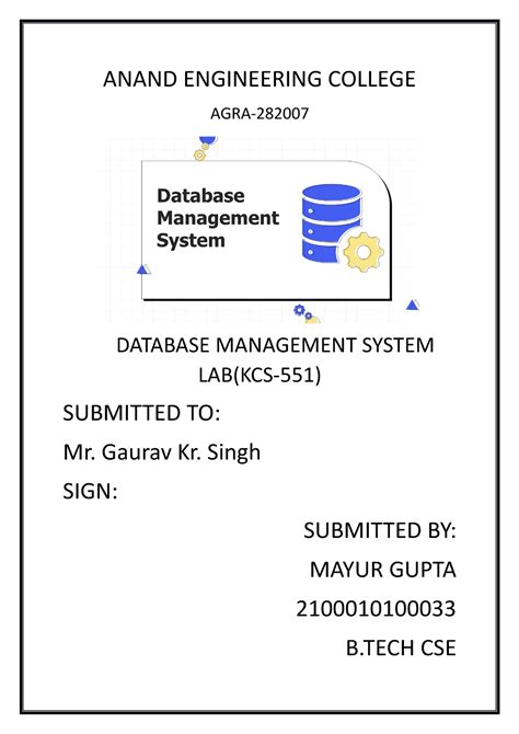 Dbms Lab File Sfsfa Anand Engineering College Agra Database