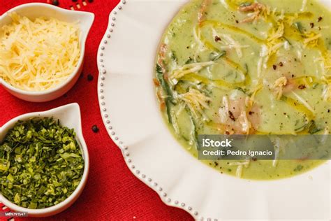 맛있는 브로콜리 녹색 국물 녹색 브로콜리 수프 채식주의자 강판에 간 파마산 치즈와 파슬리 나무 배경과 붉은 천 요리법 브라질