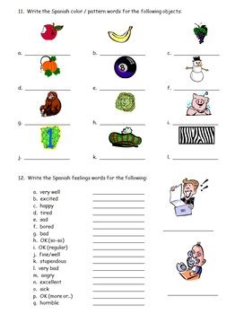 Spanish Basics Review Colors Alphabet Feelings And Greetings Worksheet