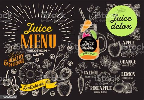 레스토랑 카페에 대 한 주스 스무디 메뉴입니다 벡터 음료 플라이어입니다 빈티지 과일 손으로 그린 삽화와 함께 서식 파일을 디자인