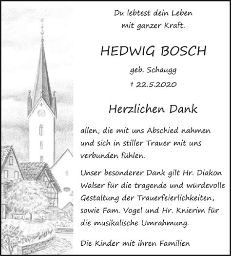 Traueranzeigen Von Hedwig Bosch Schwaebischede Trauerportal