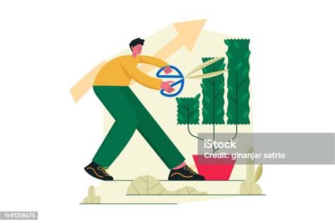 성장하는 녹색 투자 식물에 나뭇잎을 자르는 사업가 벡터 일러스트레이션 디자인 컨셉 가위에 대한 스톡 벡터 아트 및 기타 이미지