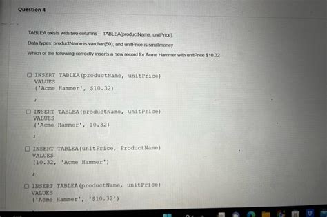 Solved Tablea Exists With Two Columns Tableaproductname