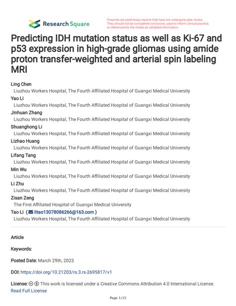 Pdf Predicting Idh Mutation Status As Well As Ki 67 And P53 Expression In High Grade Gliomas