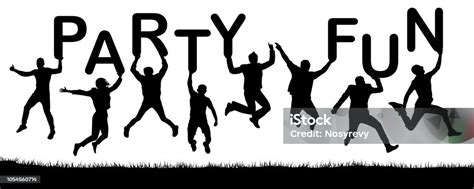 점프 행복 한 사람들 그들의 손에 단어 파티 재미 문자를 개최 벡터 실루엣 사람들에 대한 스톡 벡터 아트 및 기타 이미지 사람들 알파벳 가족 Istock