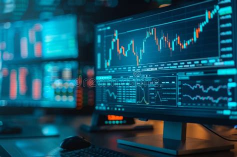 Several Computer Screens Showing Advanced Financial Data Analysis Graphs In A Dimly Lit Office