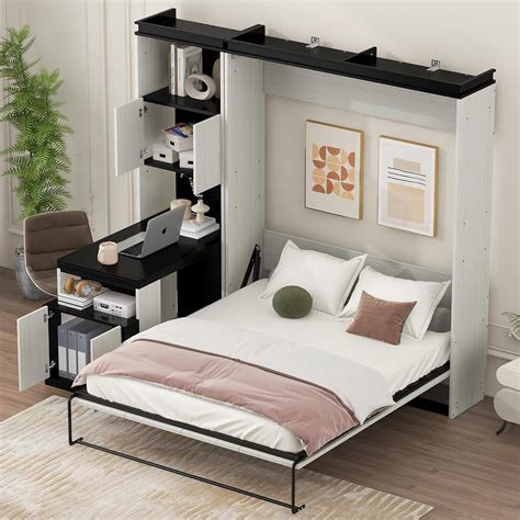 Full Murphy Bed With Desk And Storage Bookcase Shelves
