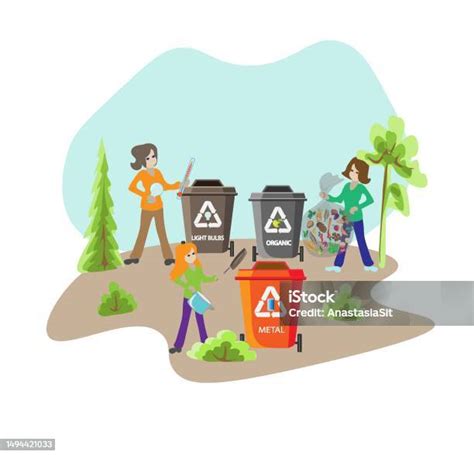 환경 친화적 인 사람들 쓰레기 수집기 쓰레기를 가진 남자 사람들은 쓰레기를 종류별로 분류하여 재활용을 위해 용기에 넣습니다 생태 개념입니다 가공의 인물에 대한 스톡 벡터