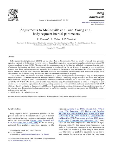 Pdf Adjustments To Mcconville Et Al And Young Et Al Body Segment Inertial Parameters
