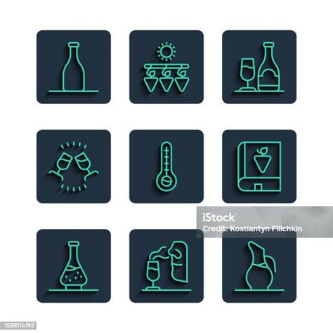 와인 소믈리에 유리가 있는 와인 병 기상 온도계 시음 시식 포도 아이콘에 대한 병 및 책을 위한 세트 라인 디캔터 벡터 가공의 인물에 대한 스톡 벡터 아트 및 기타 이미지