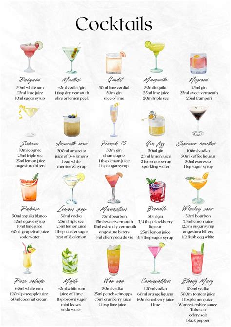 20 Cocktails Print For Digital Download Art Print Cocktail Poster