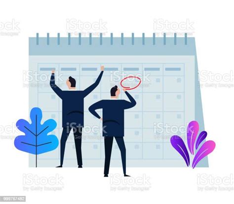 회사 비즈니스 팀 작업 함께 계획 하 고 큰 봄 책상 달력에 그들의 작업 일정을 예약 합니다 그리기로 연필 서 원형 마크입니다 평면 벡터 일러스트 레이 션 개념에 대한 스톡