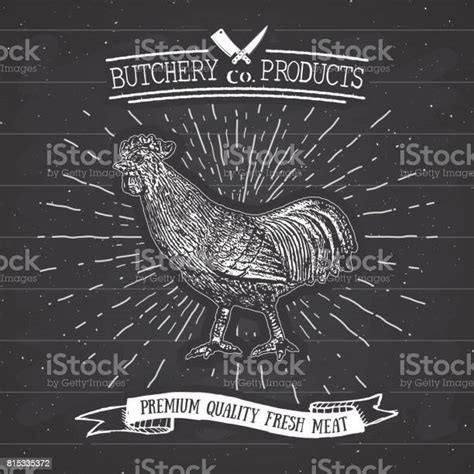 정육점가 게 빈티지 상징 수 탉 고기 제품 도살 로고 템플릿 복고풍 스타일 빈티지 디자인 로고 라벨 배지 및 브랜드 디자인에 대 한 칠판에 벡터 일러스트 레이 션 닭고기에