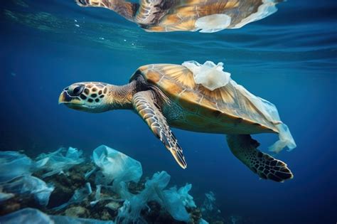 오염 세계 바다 바다 거북 수영 물 오염 된 가정 쓰레기 비닐 봉투 프리미엄 사진