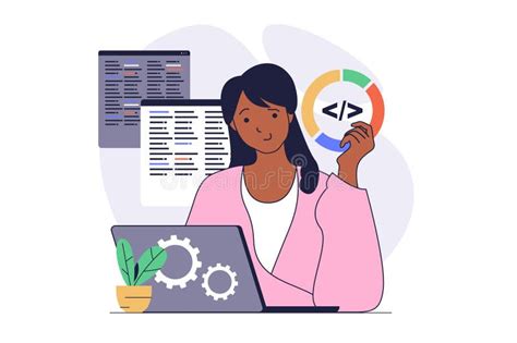 Development Concept With Cartoon People In Flat Design For Web Woman Programming And Coding New